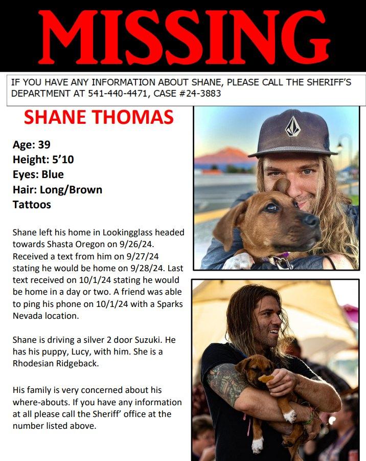 Missing Person Alert: 39-Year-Old Shane Thomas from Roseburg, Oregon